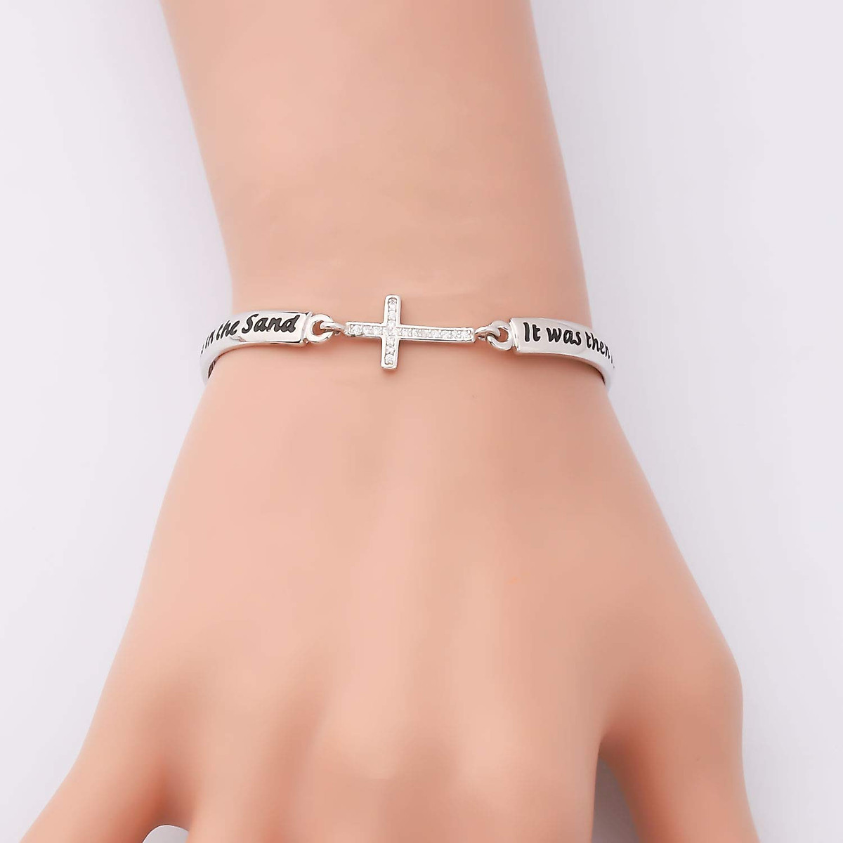 KUIYAI Footprints in The Sand Prayer Cross Bracelet Beautiful Poems Quote When You Saw Only One Set of Footprints It was Then That I Carried You Religious Jewelry Christian Gift (Silver Bracalet)