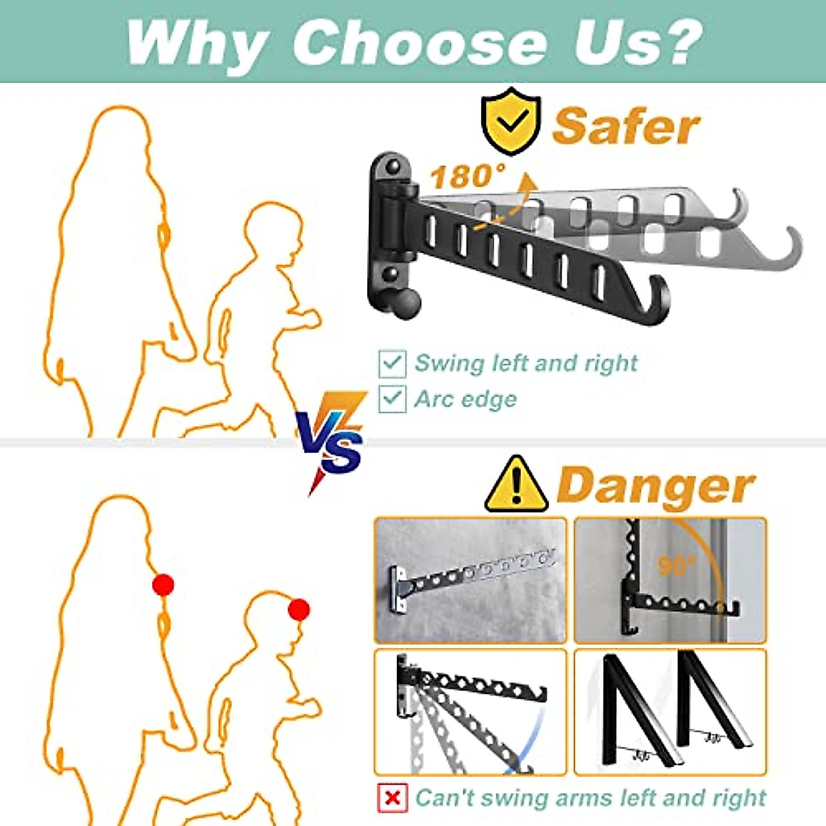 SKIKEN Wall Mounted Clothes Hanger with Swing Arm, Laundry Room Dryer Rack, Folding Valet Hook, Sturdy Hanging, Foldable 180°Rotation, Solid Aluminum (2-Pack, Black)