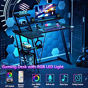 Reversible Corner Gaming Desk with LED Lights & Power Outlet, Computer Desk with Extra Storage Shelves, Small L Shaped Gamer Workstations with Monitor Stand for Bedroom, 39 Inch, Carbon Fiber Black