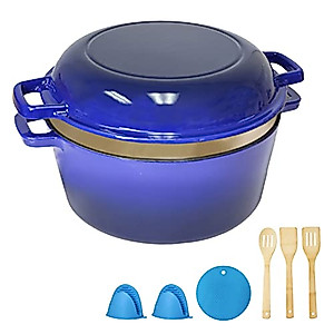 Enameled 2in1 Cast Iron Dutch Oven Pot with Grill Lid – 5 Quart Dutch Oven with Lid Cast Iron, 8pc Accessories Set, Never Needs Seasoning, Cobalt Blue Enamel Dutch Oven for Cooking & Baking
