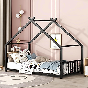 Favfurish Metal Twin Size House Bed with Roof and Slats Support,Playhouse Design Montessori Floor Bed Frame W/Headboard & Footboard,No Box Spring Needed,for Kids Girls Boys,Black