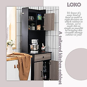 LOKO Kitchen Pantry Storage Cabinet, Compact Kitchen Cabinet with Hutch, Pantry Cabinet with Doors and Shelves, Kitchen Storage Cabinet with Microwave Stand & Drawers, 24 x 16 x 71 inches (Black)