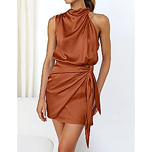 ZESICA Women's 2023 Fashion Satin Sleeveless Halter Neck Tie Waist Wrap Bodycon Cocktail Party Mini Dress,Rust,Medium