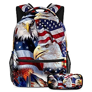 Kigauru School Backpack for Teens Girls Boys, American Flag Bald Eagle Bookbag Travel Daypack Pencil Case, Multicolor 02, 29.4x20x40cm/11.5x8x16 in