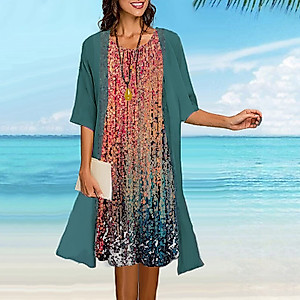 Cnebo A Line Dresses for Women Ladies Summer Two Piece Dress 3D Digital Printing Fashion Outer Dress Navy