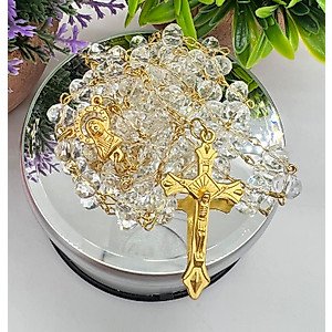 Catholic Our Lady of Guadalupe Crystal Rosary with Medals Rosario De La Virgen De Guadalupe Virgin Mary Prayer Rosary Necklace (White/Gold)