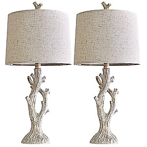OYEARS 26.25" Farmhouse Table Lamp Set of 2 for Living Room Bedroom Resin Bedside Tree Lamp Nightstand End Table Lamps Vintage Natural Style（Brown）