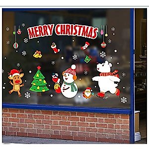 YULOONG Christmas Windows Static Stickers Colorful Clings Removable Vinyl Santa Claus Christmas Tree Snowman Snowflake Deer DIY Wall Window Door Mural Showcase Decal Sticker