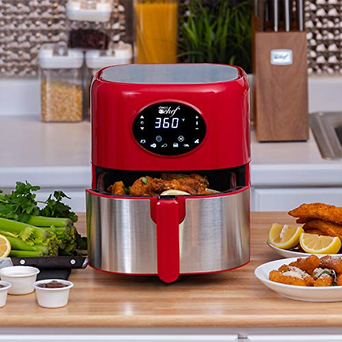 Deco Chef 3.7QT Digital Air Fryer with 6 Cooking Presets, LED Touch Controls, Adjustable Temperature and Time, Detachable Dishwasher Safe Non-Stick Basket, Red