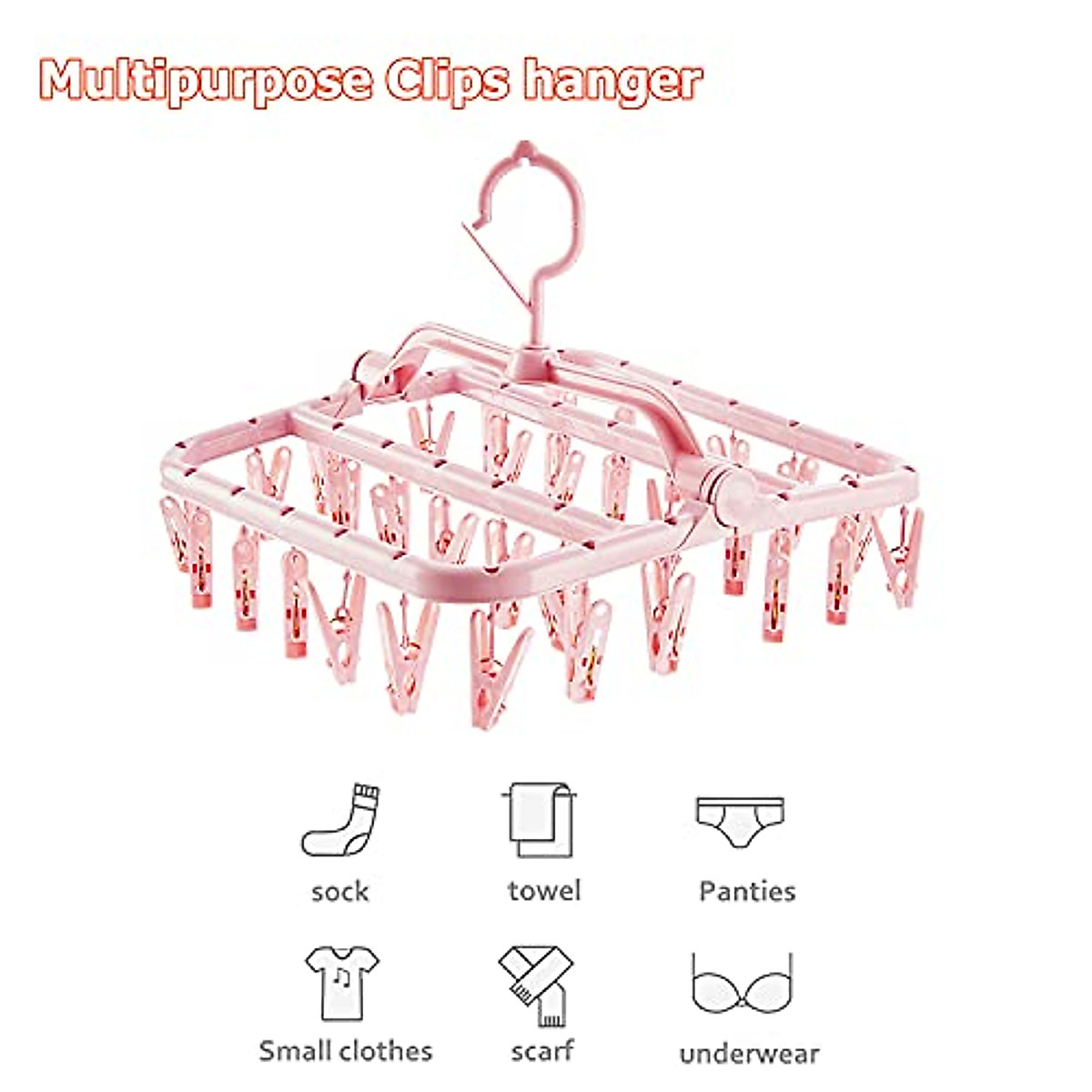 Rivama Foldable Clip Hangers with 32 Clips,Clothes Drying Rack with Clips,Folding Laundry Clip and Drip Drying Hanger for Socks,Underwear,Bras,Lingerie,Towels,Diapers,Baby Clothes,Scarf (Light Pink)