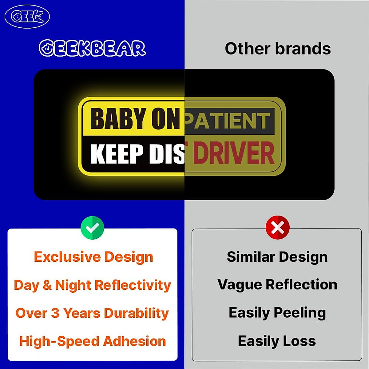 GEEKBEAR Baby on Board Car Magnet - Colorful, Reflective, Weather-Resistant - Rectangular 8.7 x 3.5 in (Light Pink/Turquoise)