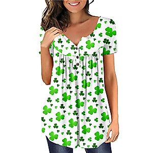St Patricks Day Womens Short Sleeve Button Neck Flower Printed Pleated T Shirt Top Casual Floral Fit Shirts Tee Blouse