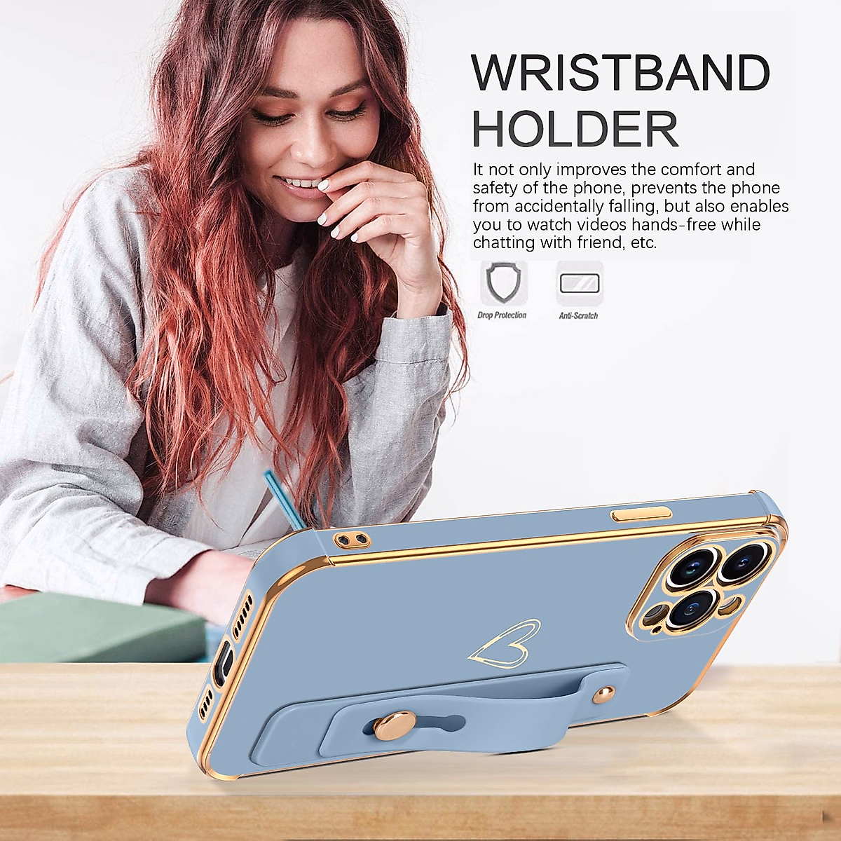 BENTOBEN for iPhone 13 Pro Max Phone Case, Cute Heart Adjustable Strap Wristband Kickstand Holder Shockproof Protective Soft TPU Luxury Plating Raised Trim Girls Women iPhone 13 Pro Max Case, Gray