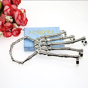 Unique Exaggerate Style Skull Finger Hand Bone Bracelet Punk Handmade Halloween Metal Skeleton Bangle Horror Halloween Goth Ghost Claw Jewelry Ornaments for Women (Antique silver)