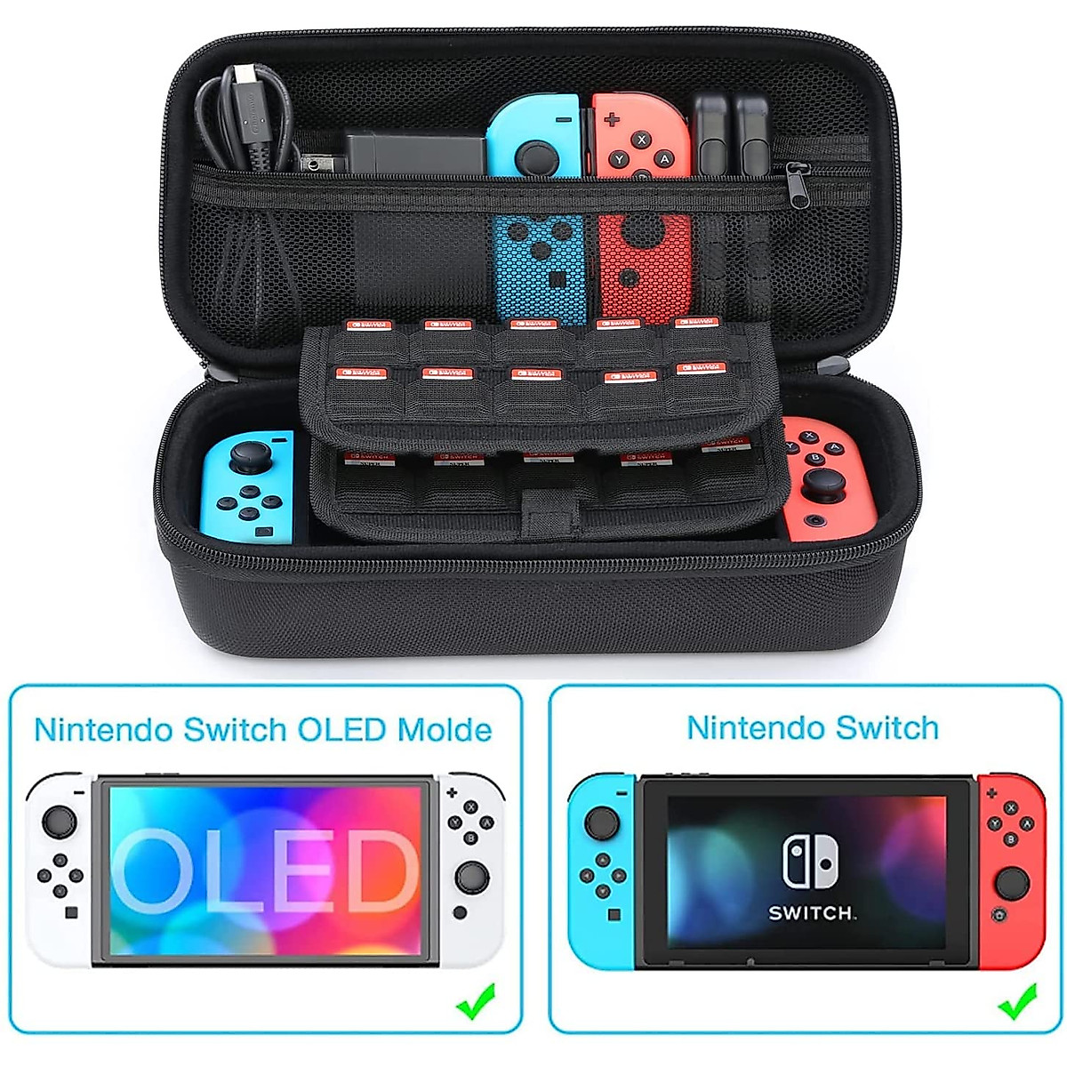 HEYSTOP Switch Case / Switch OLED Case Accessories Compatible with Nintendo Switch & OLED Model, Carry Case with Joycon Grip / PlayStand / Thumb Grips Caps for Nintendo Switch & OLED Model, Black
