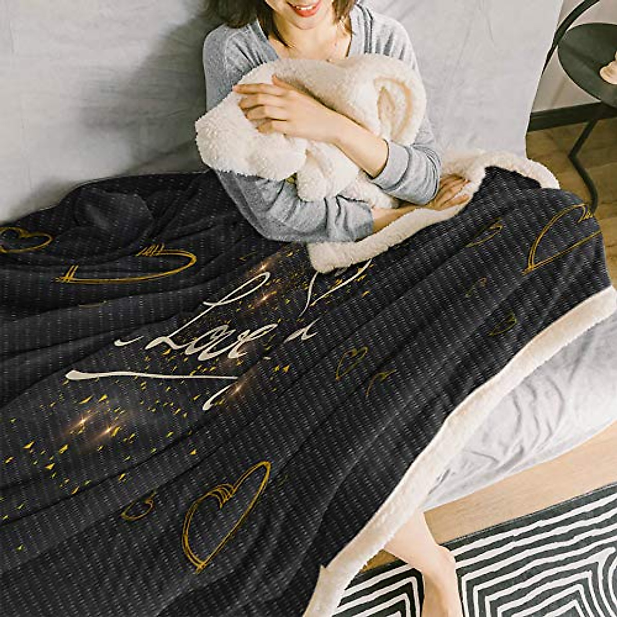 Sherpa Fleece Blanket Fuzzy Throw for Couch, All Season Warm Cozy Plush Thermal Flannel Blankets for Bed Sofa - 40"x50" Valentine's Day I Love You Gold Heart
