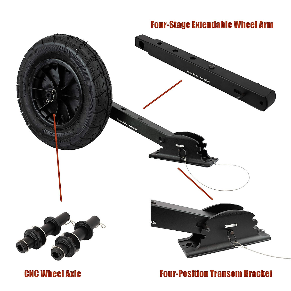 Seamax Deluxe Boat Launching Wheel System, Black Military Edition, 4 Positions and 4 Stages Removable and Adjustable Legs, 14" Pneumatic Wheels. Max Support Water Craft Weight 600Lbs