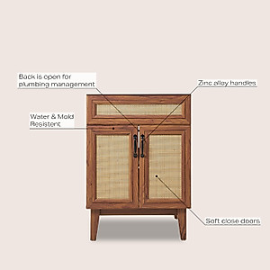 JONATHAN Y VAN1009B Javer 24 in. W x 18 in. D x 33 in. H Rattan Modern Farmhouse 2-Shelf Bath Vanity Cabinet Only (Sink Basin not Included), Walnut