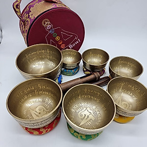 Khusi Tibetan singing bowls chakra sets, hand carved buddha mantra and symbol, sets of seven divine sound bowl.