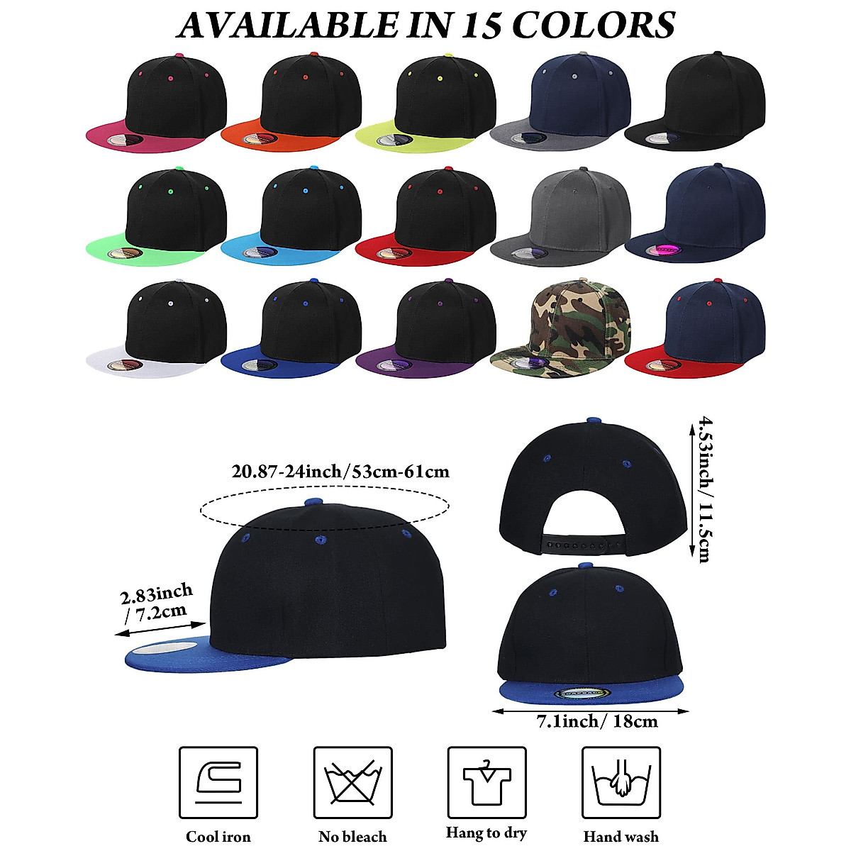 JaGely 15 Pack Snapback Hats for Men Hip Hop Style Hats Solid Baseball Hats Adjustable Snapback Cap Flat Brim Baseball Caps(Mixed Colors)