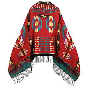 Uyuni Women's Bohemian Casual Hooded Shawl Fringe Poncho Cashmere Loose Plaid Cape Vintage Geometric Patterned Cardigan