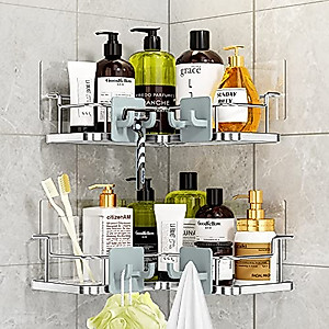 Thideewiz 2 Pack Corner Shower Caddy, Stainless Steel Wall Mounted Bathtub Shelves with 4 Plastic Hooks and 6 Adhesives, No-drilling Adhesive Bathroom Organizer Only for 90 Degrees Right Angle