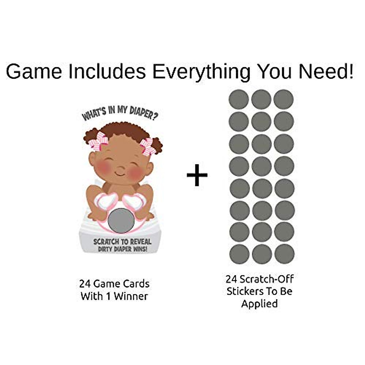 Girl - What's In My Diaper Baby Shower Scratch Off Game | African American | 24 Cards - 1 Winner | Baby Shower Games | Baby Shower Prizes | Door Prizes | Diaper Party | Dirty Diaper Game