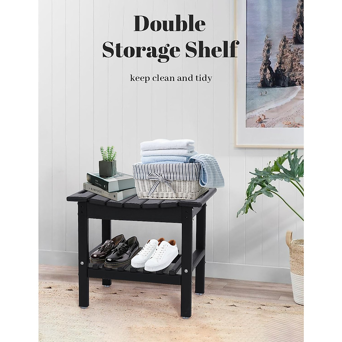 Murago HDPE Poly Lumber Shower Stool with Storage 20×12×19, Heavy Duty Waterproof Bench Indoor Outdoor Spa Stool Chair with Towel Bar [Black]