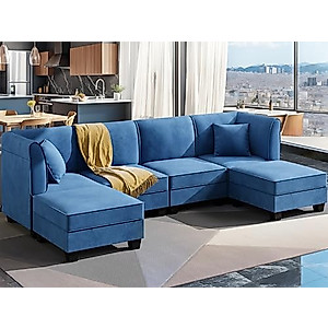 JAMFLY 116'' Modular Sectional Sofa with Reversible Chaise, U-Shape Convertible Sectional Sofa Couch with 6 Seats, Velvet Modern Sleeper Modular Couch with Ottomans for Living Room