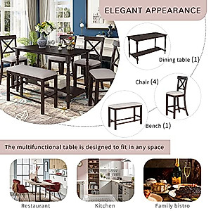 P PURLOVE 6-Piece Counter Height Dining Table Set Wooden Rectangle Dining Table with Bottom Shelf and 4 Upholstered Chairs with Padde Bench Kitchen Home Furniture for 6-8 Persons