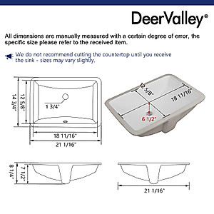 DeerValley DV-1U101 Ally Undermount Bathroom Sink Rectangular, 21'' x 15'' Vessel Sink Rectrangle Undermount Bathroom Sink White Ceramic Lavatory Vanity Vessel Sink with Overflow