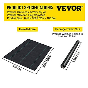 Happybuy 6.5FTx330FT Premium Weed Barrier Landscape Fabric Heavy Duty 3.2OZ, Woven Weed Control Gardening Mat, High Permeability Good for Flower Bed, Geotextile Fabric, Driveway Fabric, Ground Cover