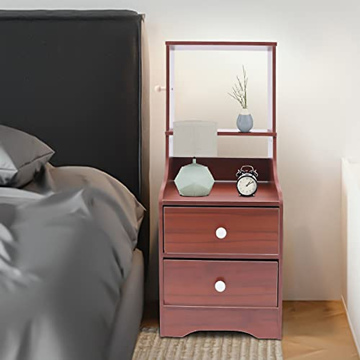 Eapmic 2 Drawers Dresser with Top Cabinet Storage, Nightstand End Bedside Table Storage Cabinet Chest of Drawers with Open Shelf, Wide Storage Space for Home Office,White (2 Drawers,Brown)