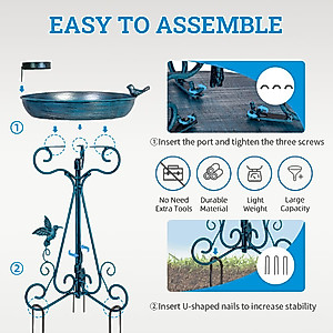 DREAMSOUL 12 inch Bird Bath with Stand, Blue Bird Baths for Outdoors, Metal Birdbath with Folding Bracket for Patio Lawn Garden Decor