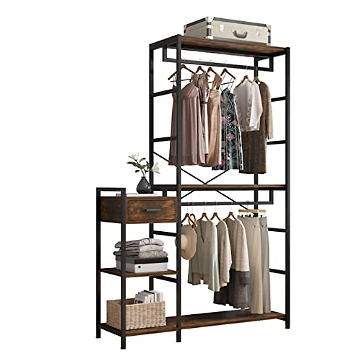 HAGAZU Standing Closet Clothing Rack, Open Wardrobe,Metal Closet Organizer System with Shelves and Hooks for Bedroom, Laundry, Walk-in Closet