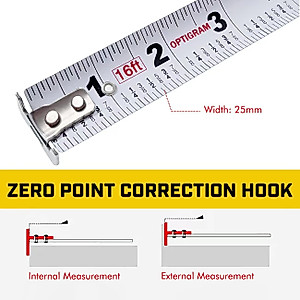 OPTIGRAM Retractable Stainless Steel Tape Measure, 1-Inch Ruler Blade, 16-Foot/5 Metric Both Side Dual Measuring Tape, Self-Lock, Impact Resistance, Hollow Design for Easy Clean(Metallic Silver)