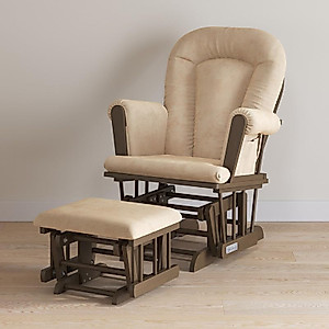 Child Craft Tranquil Glider Rocker and Ottoman Set, Extra Thick Padded Cushion with Convenient Storage Pockets, Solid Wood Base & Frame (Cocoa Bean Brown Frame with Tan Microfiber Foam Cushion)