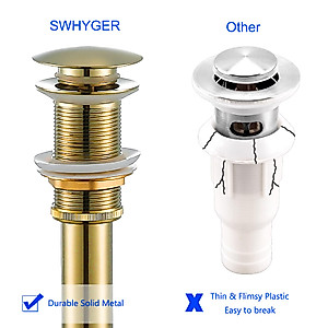 SWHYGER Bathroom Sink Pop Up Drain Without Overflow,Brass Pop Up Sink Drain Assembly Brushed Gold,83606BG.