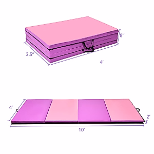 GYMAX Exercise Mat, 4'x10'x2 Tri-Folding Thick Tumbling Mat with Carrying Handles for MMA, Gymnastics, Stretching, Yoga, Cheerleading, Home Gym (Purple+Rose)