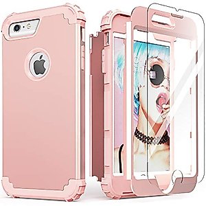 IDweel iPhone 6S Plus Case with Tempered Glass Screen Protector, iPhone 6 Plus Case, 3 in 1 Shockproof Slim Hybrid Heavy Duty Hard PC Cover Soft Silicone Rugged Bumper Full Body Case,(Rose Gold)