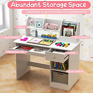 Giantex Kids Study Desk, Children Wooden Writing Table with Hutch, Bookshelf, Drawer, Keyboard Tray, Storage Shelves, White Student Computer Desk Workstation for Home School Use, Gift for Boys Girls