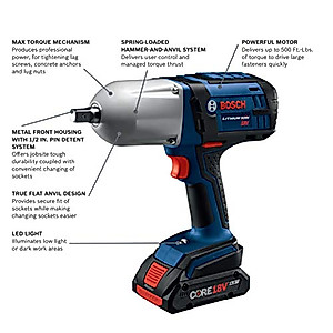 Bosch HTH181-B25 18V High Torque Impact Wrench w/Pin Detent w/ (2) 4.0 Ah CORE Compact Batteries