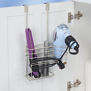 mDesign Metal Bathroom 2 Section Storage Tool Organizer Basket Tray - Hang Over Cabinet Door - Storage for Hair Dryer, Straightener, Curling Iron, Styling Products - Concerto Collection - Satin