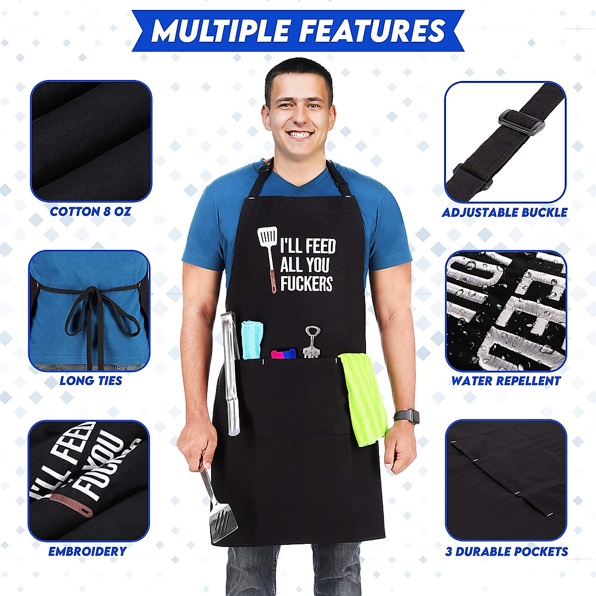 Exzillant - Embroidered Funny Aprons for Men - 3 pockets - Birthday, Christmas and Cooking Gifts for Dad, Brother, Husband - Polycotton -Black