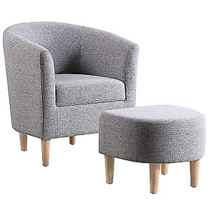 DAZONE Accent Chair with Ottoman, Mid Century Modern Barrel Comfy Fabric Armchair and Footrest Set, Upholstered Club Tub Round Arms Chair for Living Room Bedroom Reading Room, Grey