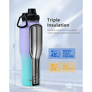 Trebo 32oz Insulated Water Bottle that Fits in Cup Holder, Stainless Steel Double Wall Tumbler Bottles with Paracord Handle, Flask with Straw Spout Lids, Keep Cold for 48 Hrs/Hot 24 Hrs,Cotton Candy