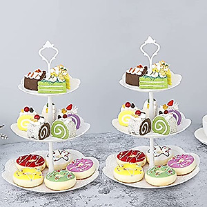 2 Set of 3-Tier Plastic Cupcake Stand Dessert Plates Mini Cakes Fruit Candy Display Tower White for Kids Birthday Tea Party Baby Shower Serving Tray, Round