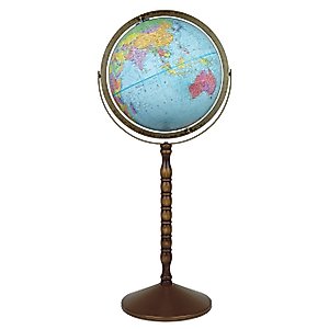 Treasury 12" Diameter Globe, USA Cartography, Convertible to Desktop with Raised Mountain Relief and Sturdy Metal Base and Hand Turned Hard Wood Stand.This economical 12” floor model stands 32” high on a durable metal base and attractive wooden pedestal.