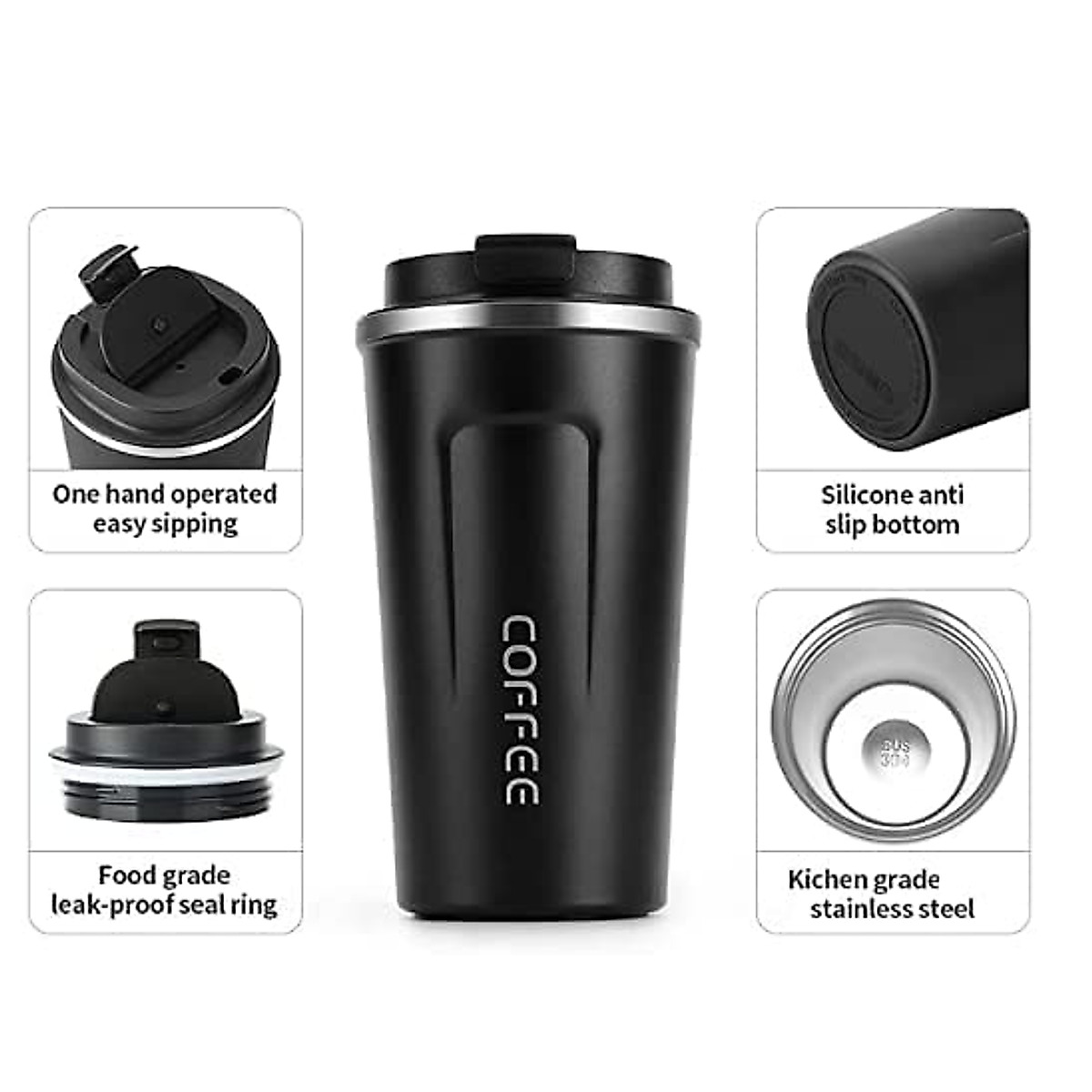 XENDER WORLD Coffee Travel Mug, 17 oz Insulated Tumbler Leakproof Lid Thermal Vaccum Mug Stainless Steel Double Wall Reusable Cup For Hot Cold Tea Drinks In Car Camping (Black)