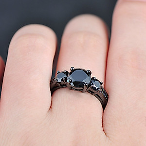 JunXin Round Cut Black Gold Three-stone Diamond Anniversary Ring Black Onyx Size6/7/8/9/10(7)